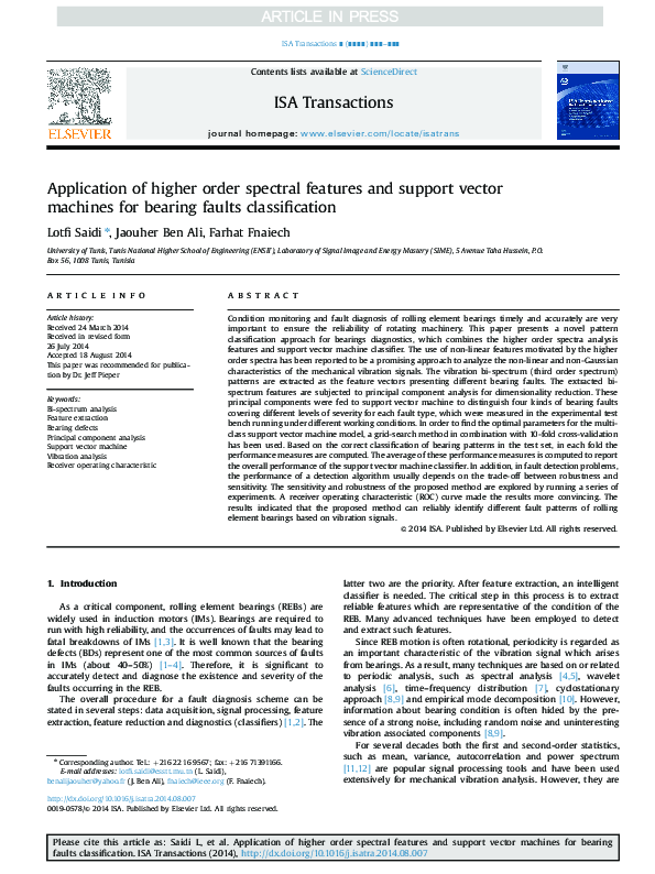 (PDF) Application of higher order spectral features and support vector machines for bearing ...