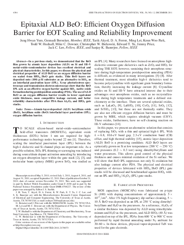 (PDF) Epitaxial ALD BeO: Efficient Oxygen Diffusion Barrier for EOT ...