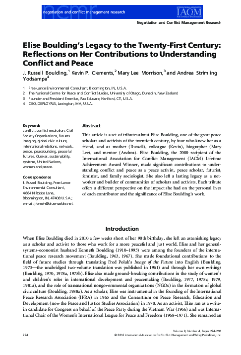 (PDF) Elise Boulding's Legacy to the Twenty-First Century: Reflections ...