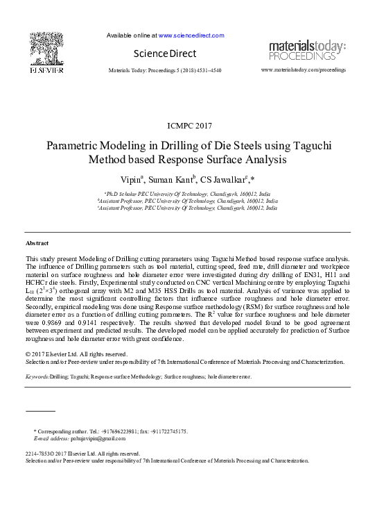 (PDF) Parametric Modeling in Drilling of Die Steels using Taguchi Method based Response Surface ...