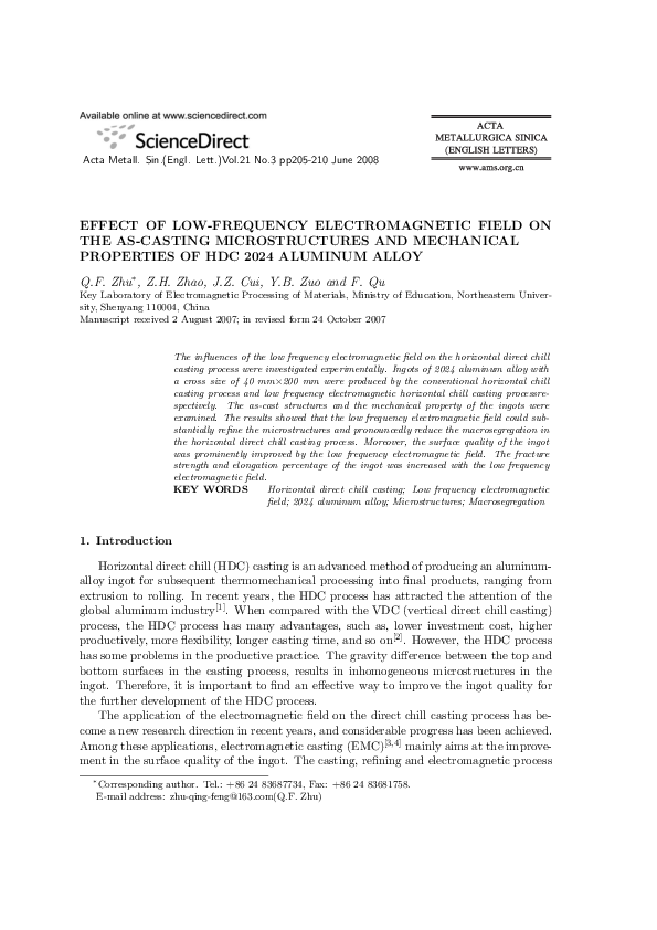 (PDF) Effect of low-frequency electromagnetic field on the as-casting microstructures and ...
