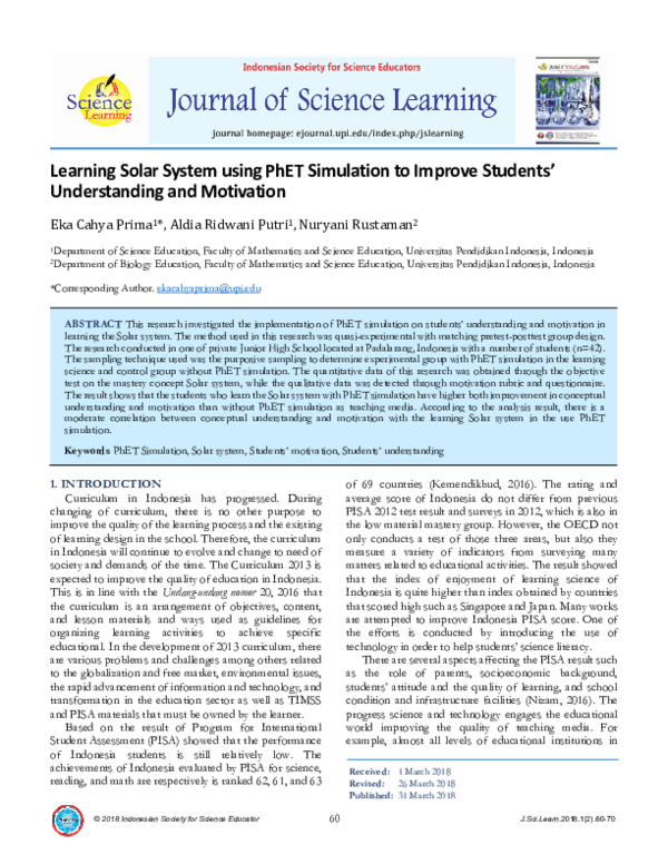 (PDF) Learning solar system using PhET simulation to improve students’ understanding and motivation