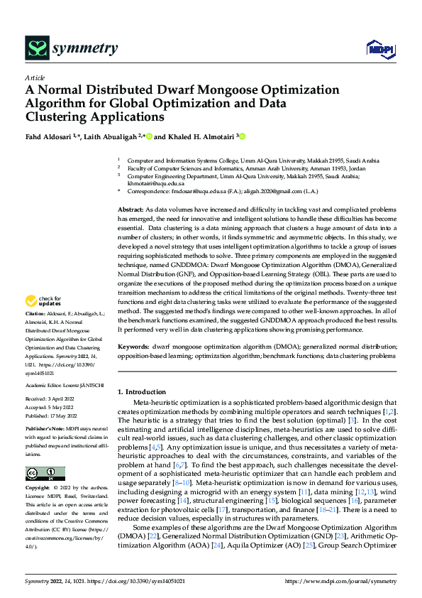 Pdf A Normal Distributed Dwarf Mongoose Optimization Algorithm For Global Optimization And 0605