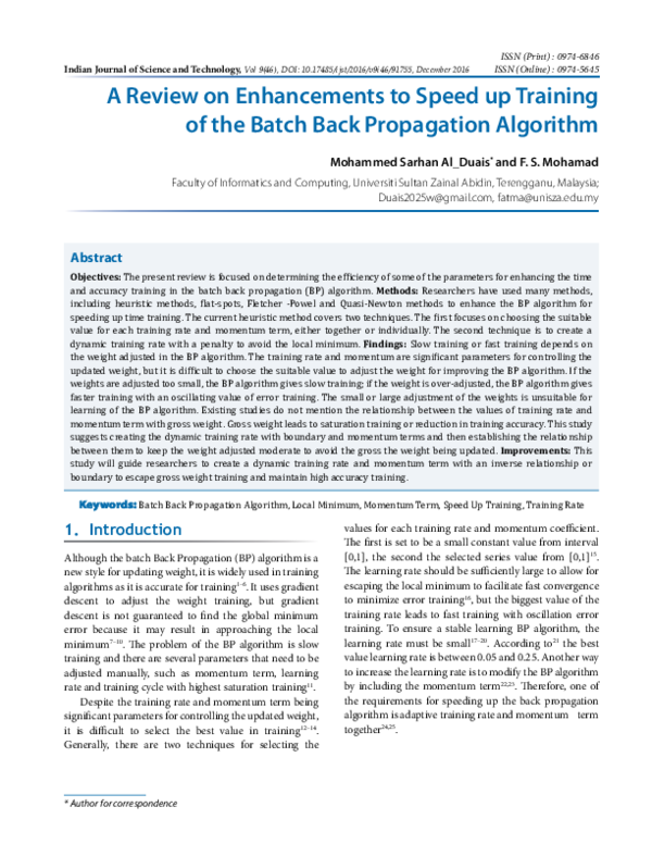 (PDF) A Review on Enhancements to Speed up Training of the Batch Back Propagation Algorithm