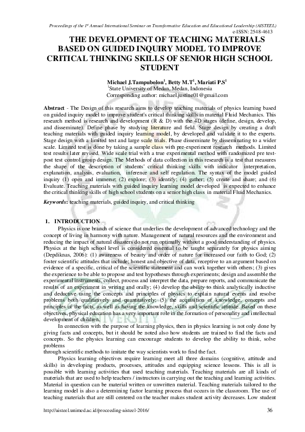 (PDF) The Development of Teaching Materials Based on Guided Inquiry Model to Improve Critical ...