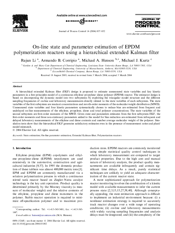 (PDF) On-line state and parameter estimation of EPDM polymerization reactors using a ...