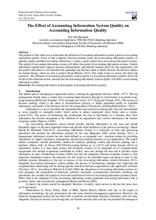 Pdf The Effect Of Accounting Information System Quality On Accounting Information Quality