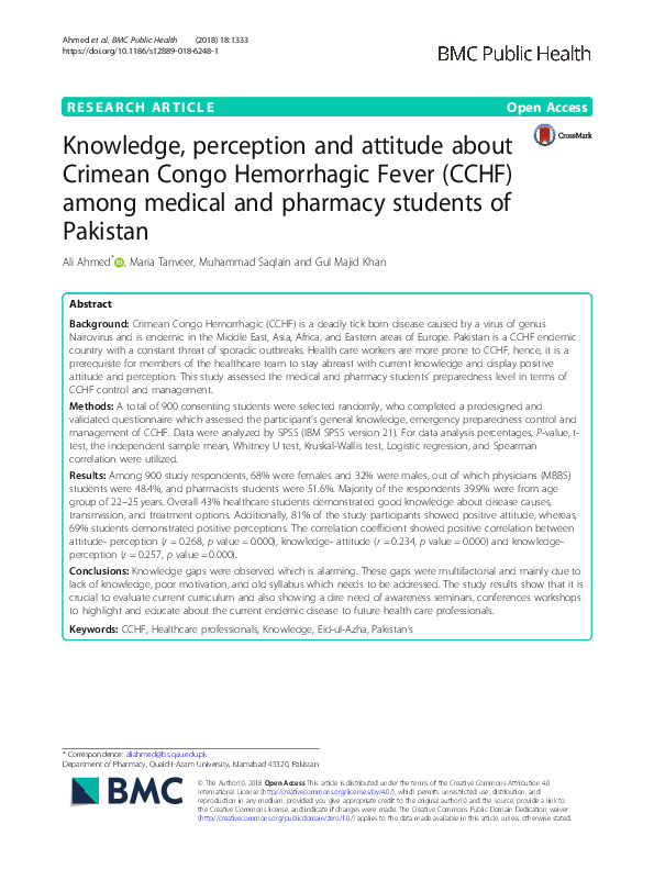 (PDF) CCHF Knowledge and Attitudes in Pakistan Students