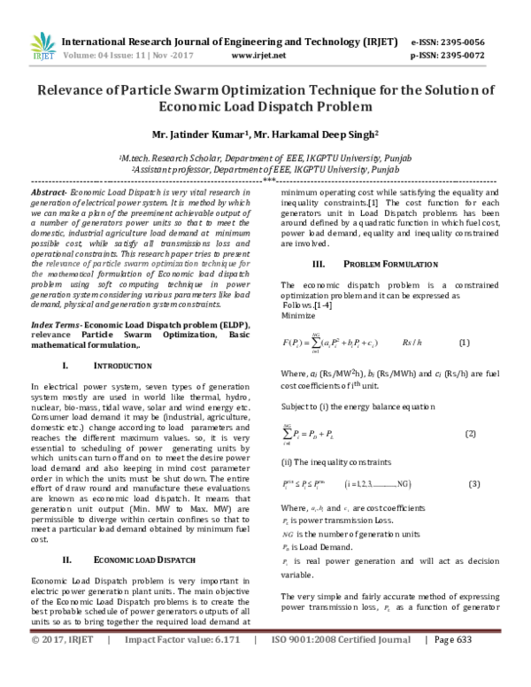 Pdf Relevance Of Particle Swarm Optimization Technique For The Solution Of Economic Load