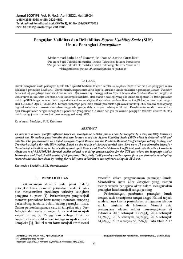 (PDF) Pengujian Validitas dan Reliabilitas System Usability Scale (SUS) Untuk Perangkat Smartphone