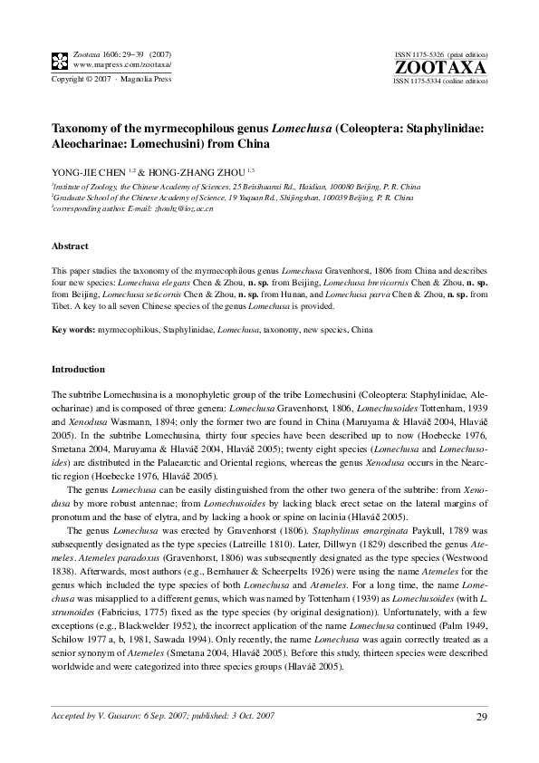 (PDF) Taxonomy of the myrmecophilous genus Lomechusa (Coleoptera: Staphylinidae: Aleocharinae ...