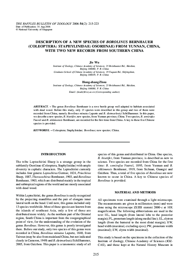 (PDF) Description Of A New Species Of Borolinus Bernhauer (Coleoptera ...