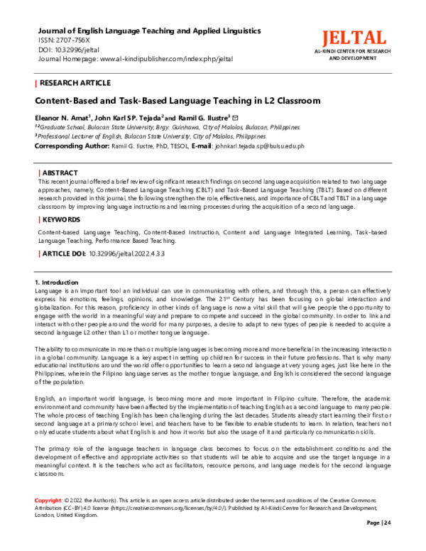 (PDF) Content-Based and Task-Based Language Teaching in L2 Classroom