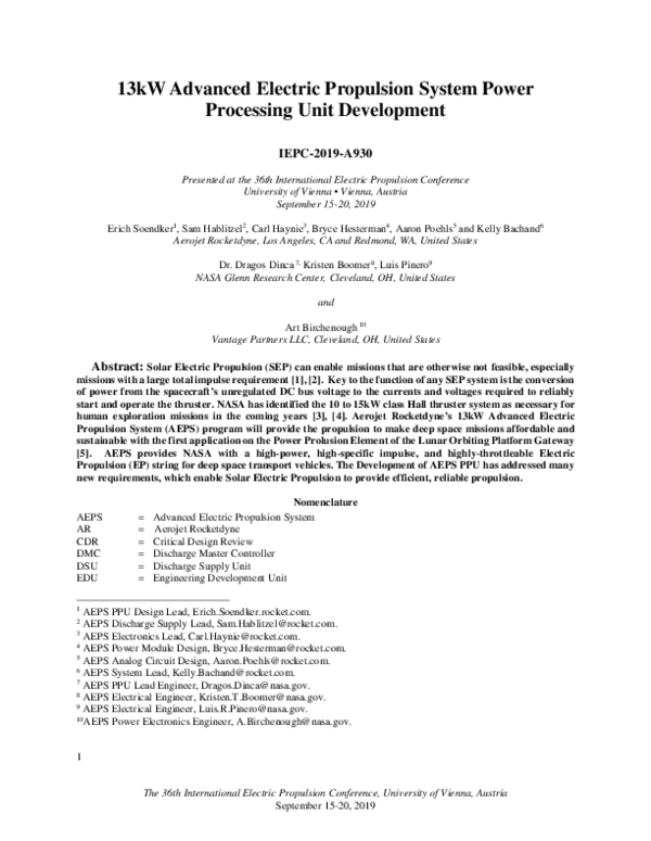 (PDF) 13kW Advanced Electric Propulsion System Power Processing Unit ...