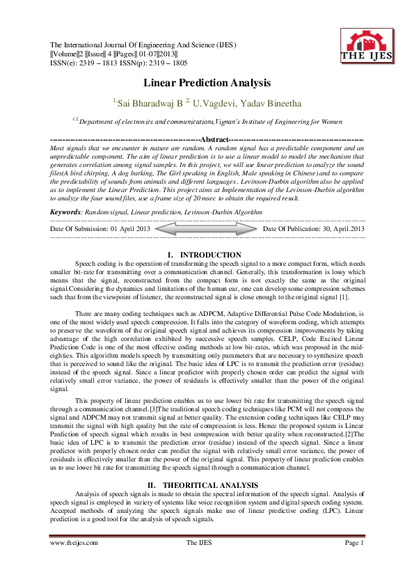 (PDF) Linear Prediction Analysis