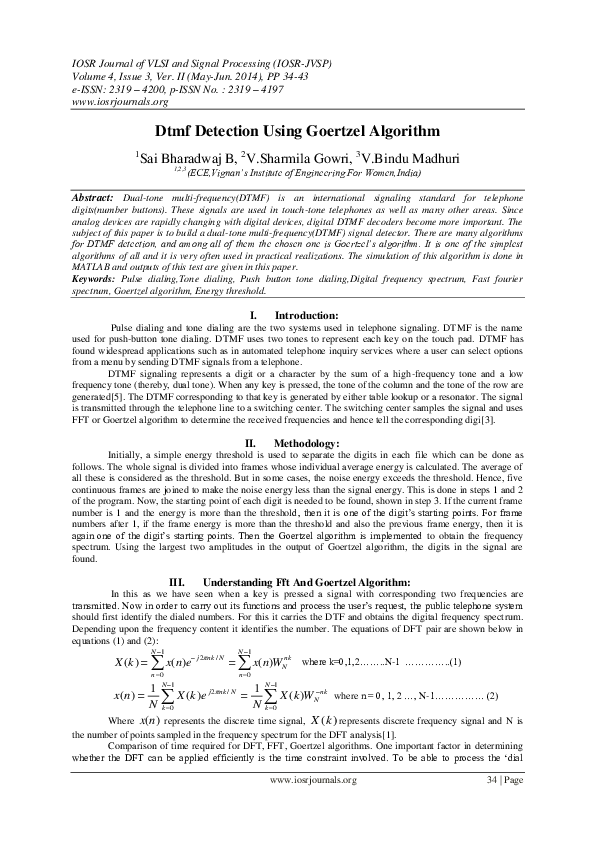 Pdf Dtmf Detection Using Goertzel Algorithm