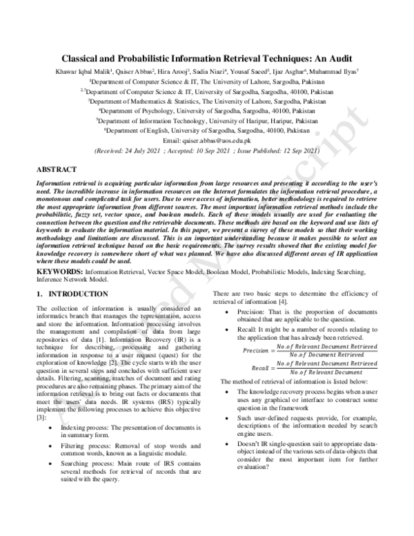 (PDF) Classical and Probabilistic Information Retrieval Techniques: An Audit