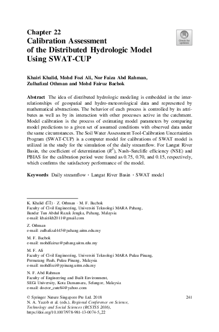 Pdf Calibration Assessment Of The Distributed Hydrologic Model Using Swat Cup Nor Faiza Abd