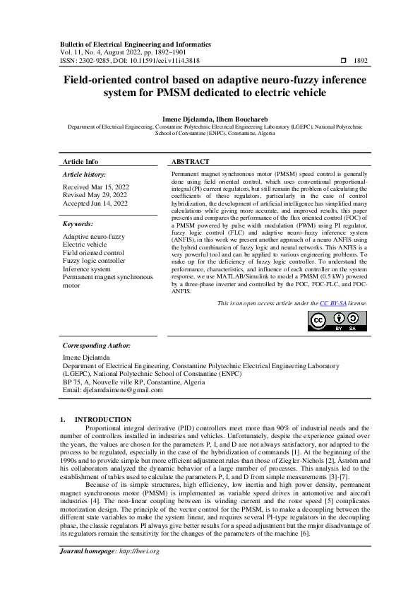 (PDF) Field-oriented control based on adaptive neuro-fuzzy inference system for PMSM dedicated ...