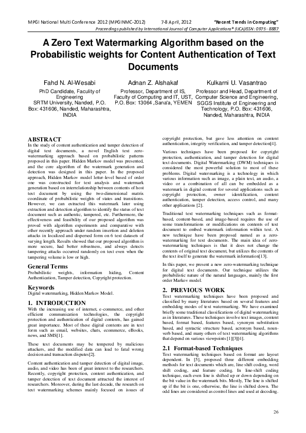 (PDF) A Zero Text Watermarking Algorithm Based on the Probabilistic Patterns for Content ...