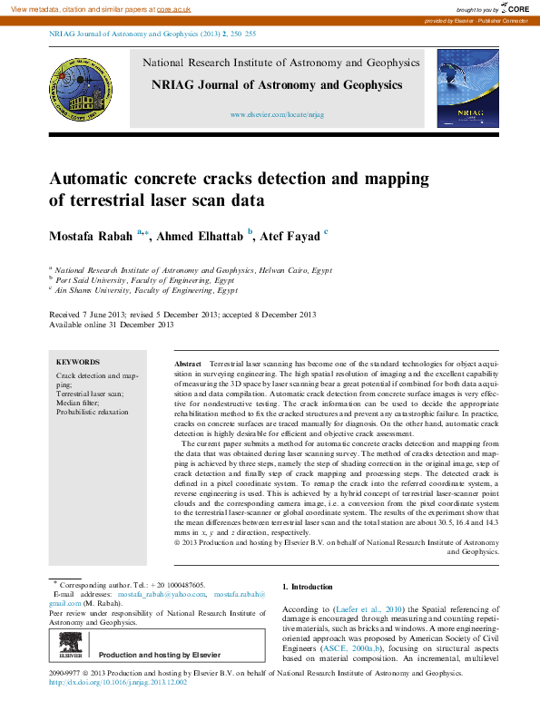 Pdf Automatic Concrete Cracks Detection And Mapping Of Terrestrial Laser Scan Data Mostafa