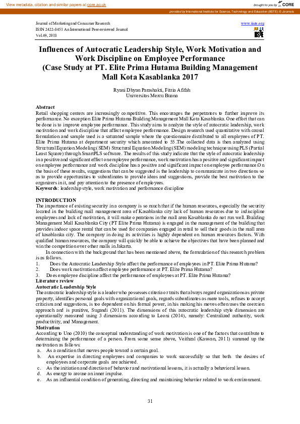 (PDF) Influences of Autocratic Leadership Style, Work Motivation and Work Discipline on Employee ...