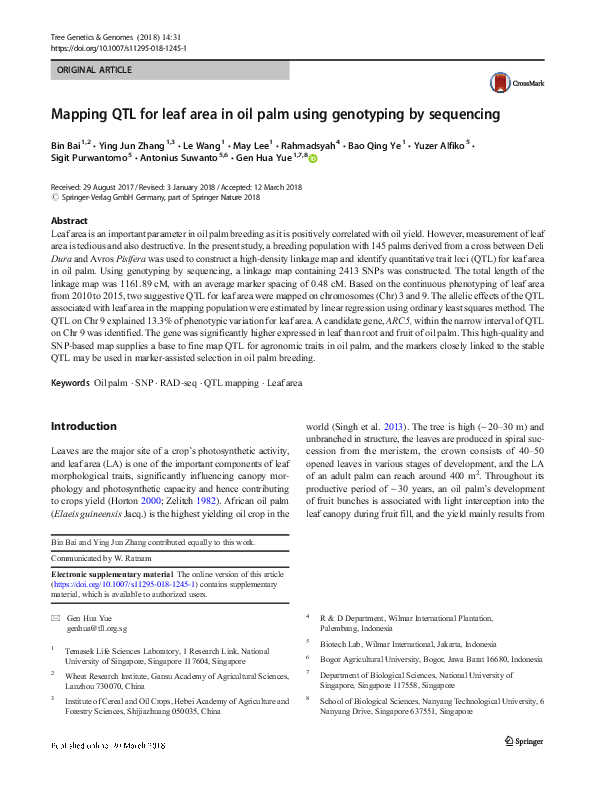 (PDF) Mapping QTL for leaf area in oil palm using genotyping by sequencing | Yuzer Alfiko ...