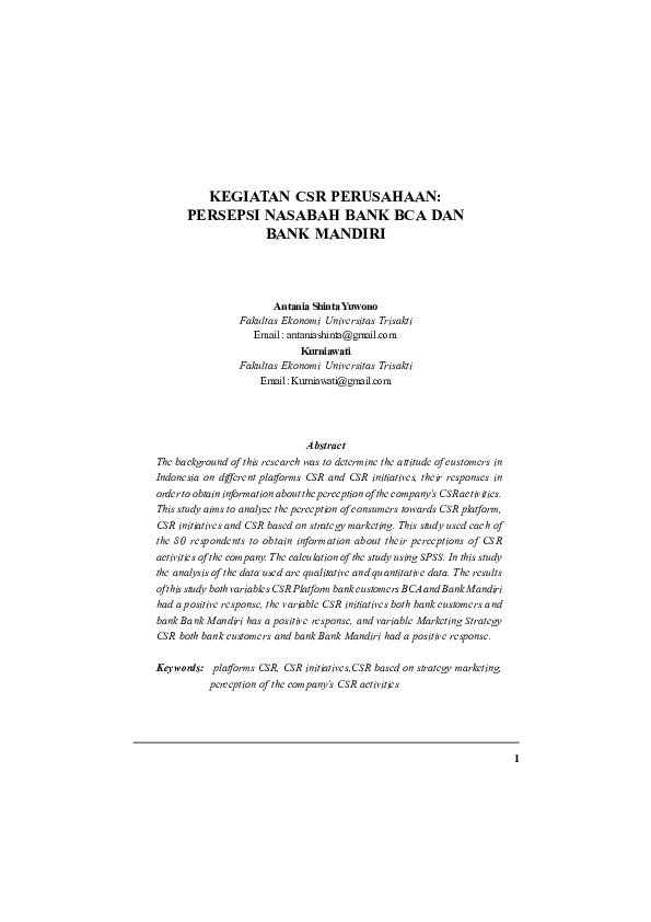 (PDF) KEGIATAN CSR PERUSAHAAN: PERSEPSI NASABAH BANK BCA DAN BANK MANDIRI