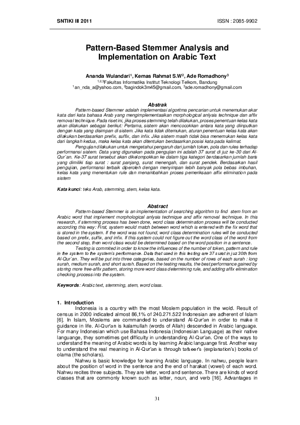 (PDF) Pattern-Based Stemmer Analysis and Implementation on Arabic Text