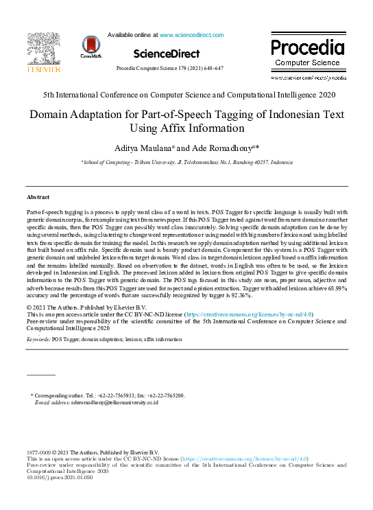 (PDF) Domain Adaptation for Part-of-Speech Tagging of Indonesian Text Using Affix Information