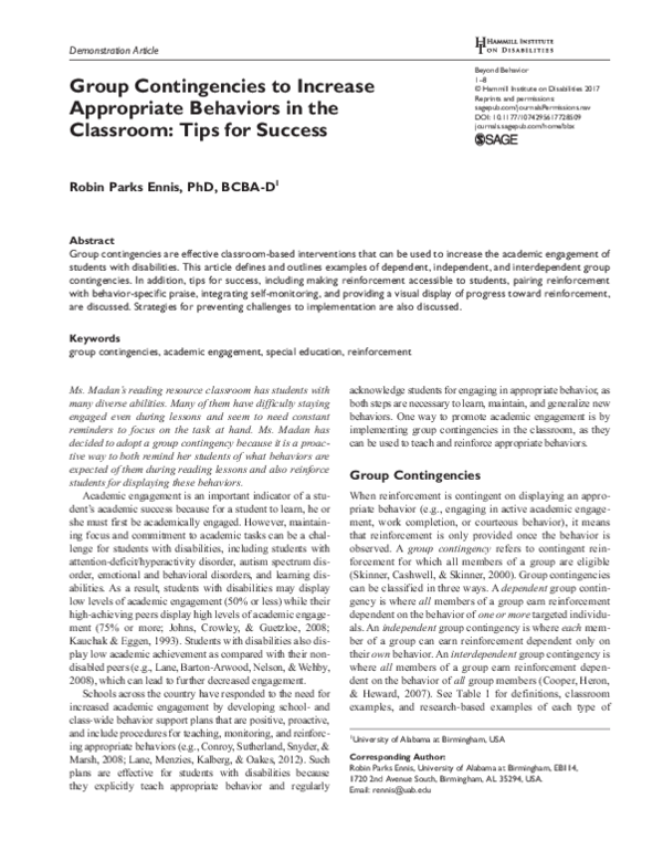 (PDF) Group Contingencies to Increase Appropriate Behaviors in the ...