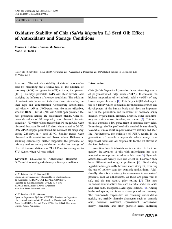 (PDF) Oxidative Stability of Chia (Salvia hispanica L.) Seed Oil: Effect of Antioxidants and ...