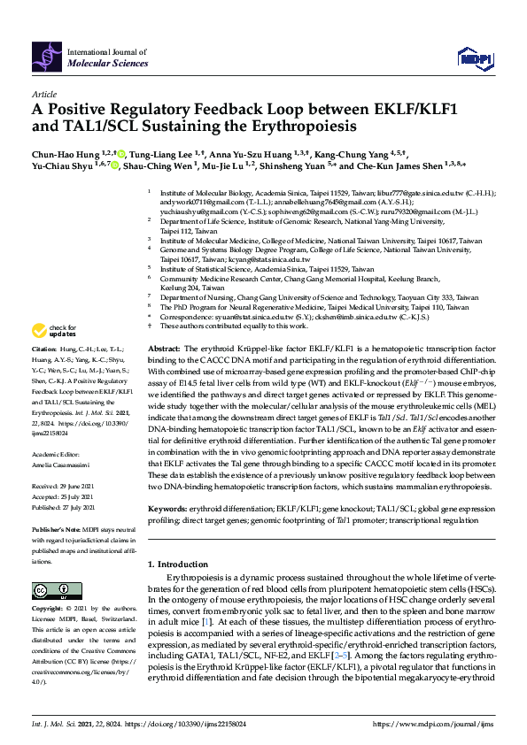 (PDF) A Positive Regulatory Feedback Loop between EKLF/KLF1 and TAL1 ...