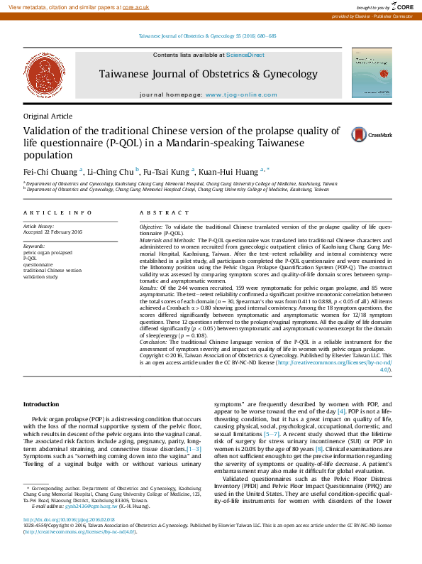 (PDF) Validation of the traditional Chinese version of the prolapse ...