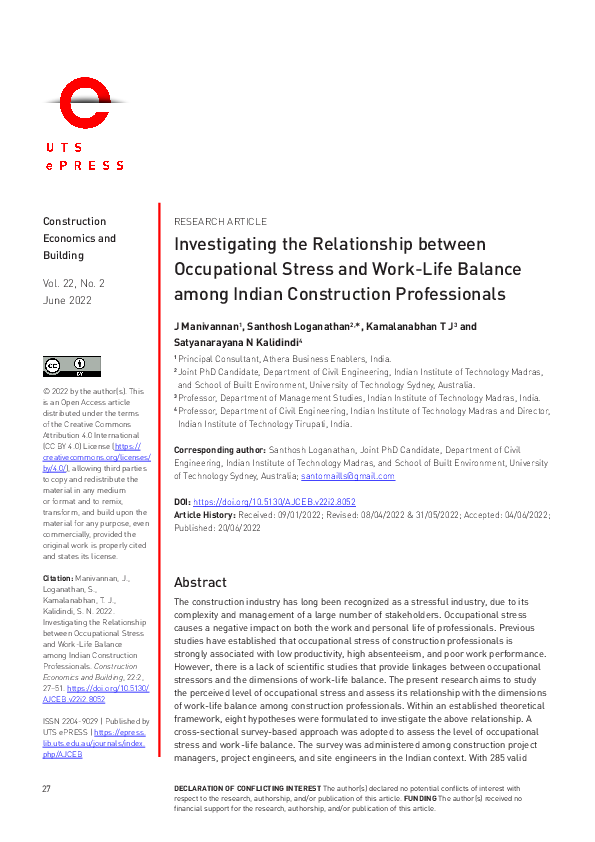 (PDF) A review of work-life balance in the construction industry ...