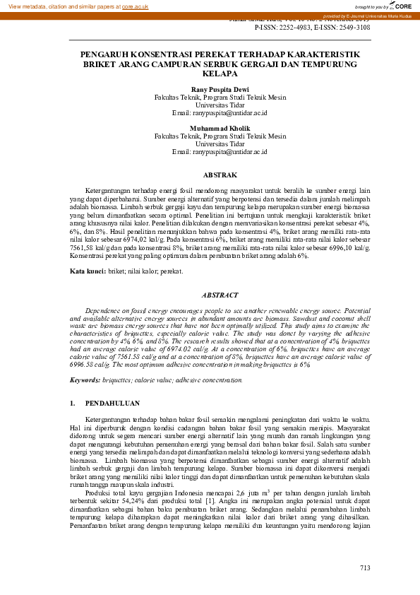 (PDF) Pengaruh Konsentrasi Perekat Terhadap Karakteristik Briket Arang Campuran Serbuk Gergaji ...
