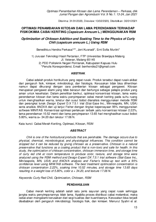 (PDF) OPTIMASI PENAMBAHAN KITOSAN DAN LAMA PERENDAMAN TERHADAP ...