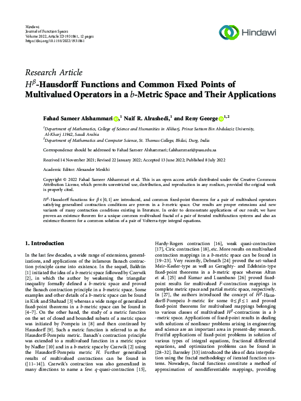 Pdf H β Hausdorff Functions And Common Fixed Points Of Multivalued Operators In A B Metric