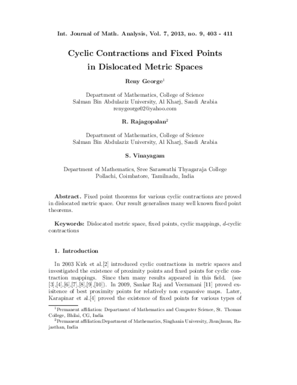 Pdf Cyclic Contractions And Fixed Points In Dislocated Metric Spaces Reny George