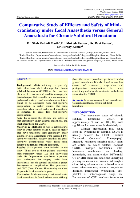 (PDF) Comparative Study of Efficacy and Safety of Minicraniotomy under ...