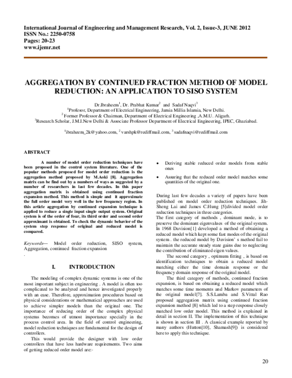 (PDF) Aggregation by Continued Fraction Method of Model Reduction: An Application to Siso System ...