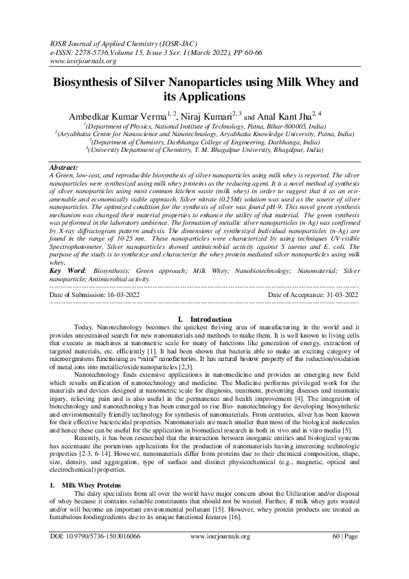 (PDF) Biosynthesis of Silver Nanoparticles using Milk Whey and its Applications