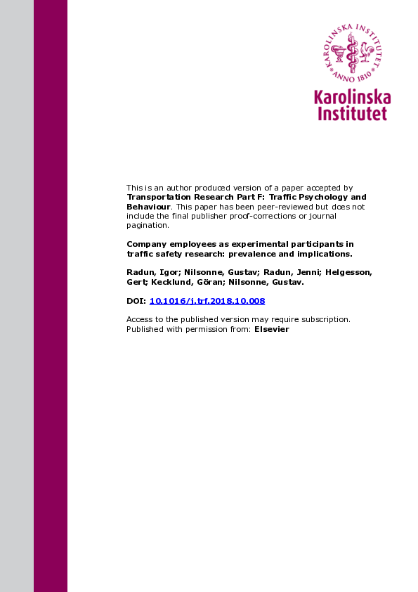 Pdf Company Employees As Experimental Participants In Traffic Safety