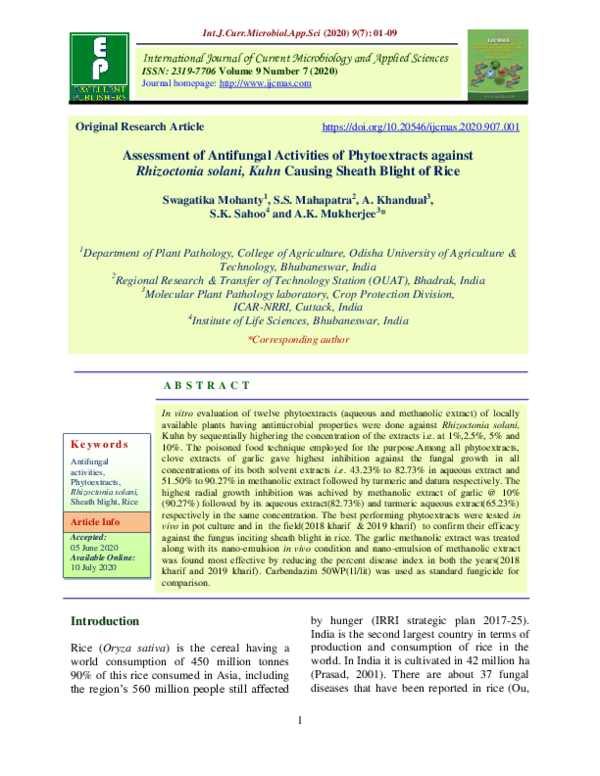 (PDF) Assessment of Antifungal Activities of Phytoextracts against Rhizoctonia solani, Kuhn ...