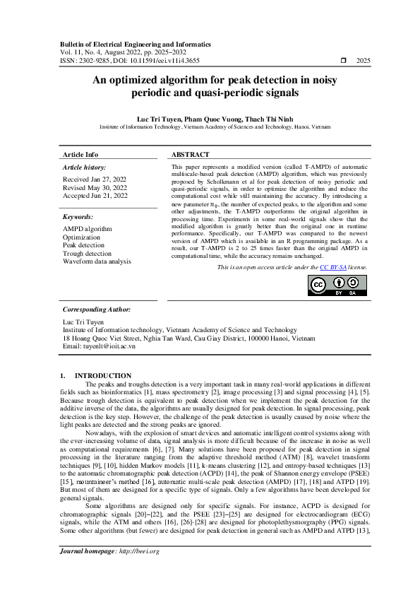 Pdf An Optimized Algorithm For Peak Detection In Noisy Periodic And Quasi Periodic Signals 