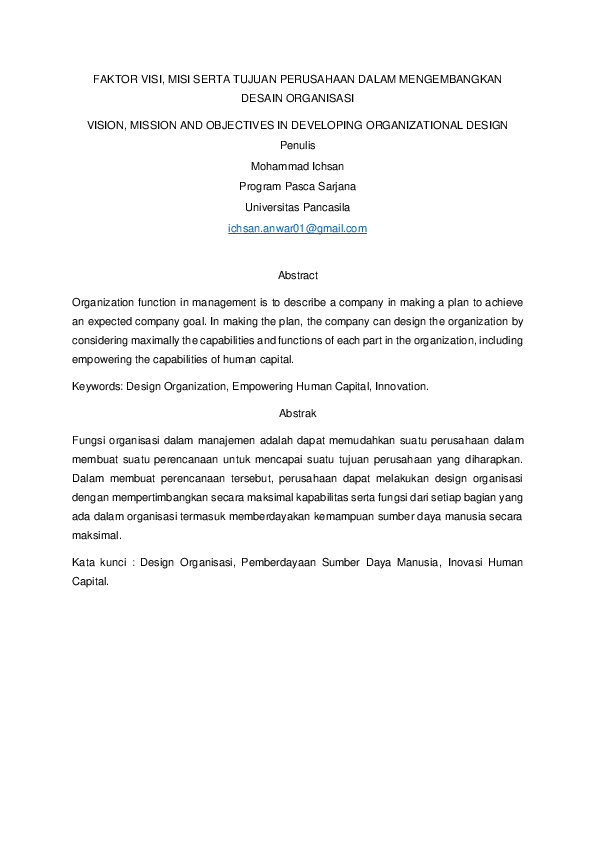 (PDF) FAKTOR VISI, MISI SERTA TUJUAN PERUSAHAAN DALAM MENGEMBANGKAN DESAIN ORGANISASI VISION ...