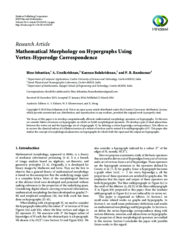 (PDF) Mathematical Morphology on Hypergraphs Using Vertex-Hyperedge Correspondence