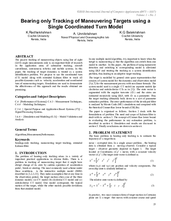 (PDF) Bearing only Tracking of Maneovuring Targets Using a Single Coordinated Turn Model
