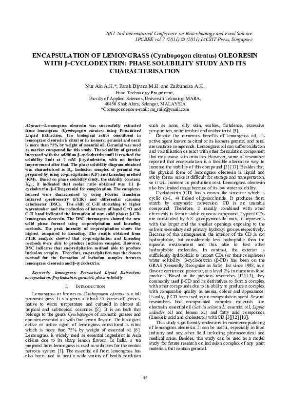 (PDF) ENCAPSULATION OF LEMONGRASS (Cymbopogon citratus) OLEORESIN WITH ...