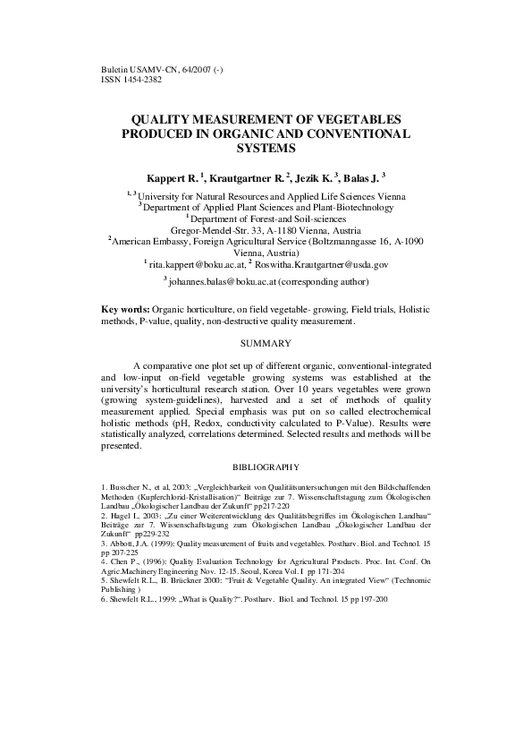 (PDF) Quality Measurement of Vegetables Produced in Organic and ...